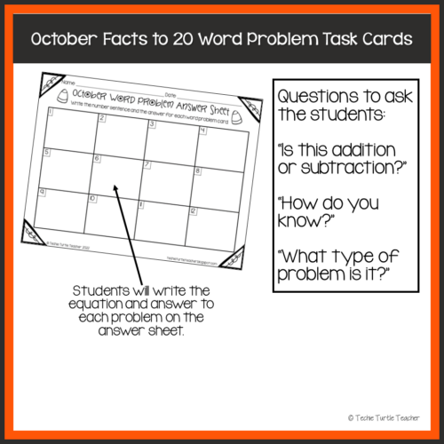 Addition & Subtraction Facts within 20 Fall Word Problem Task Cards ...