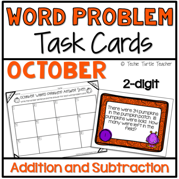 Addition & Subtraction 2-Digit Fall Word Problem Task Cards October ...