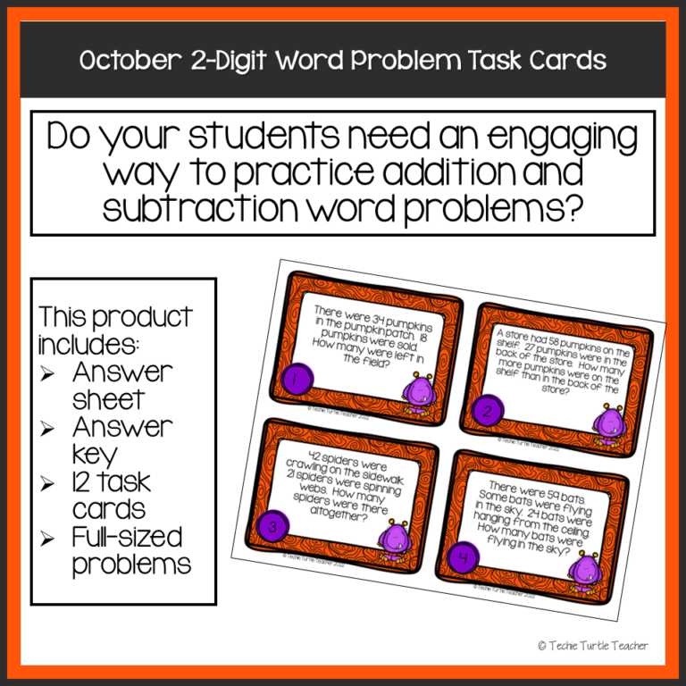 Addition & Subtraction 2-Digit Fall Word Problem Task Cards October ...