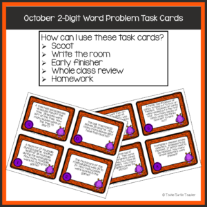 Addition & Subtraction 2-Digit Fall Word Problem Task Cards October ...