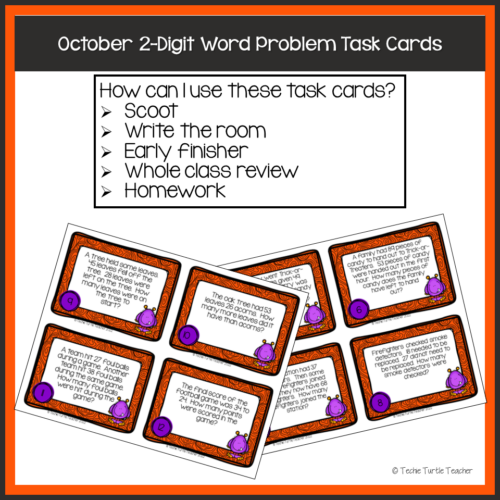 Addition & Subtraction 2-Digit Fall Word Problem Task Cards October ...