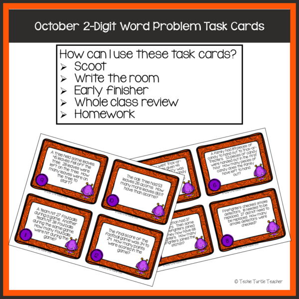 Addition & Subtraction 2-Digit Fall Word Problem Task Cards October ...
