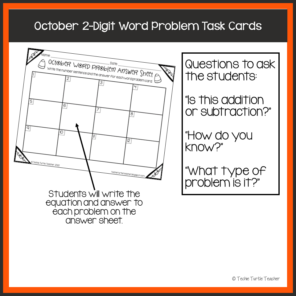 Addition & Subtraction 2-Digit Fall Word Problem Task Cards October ...