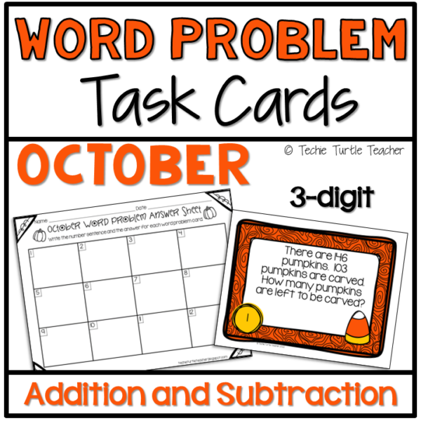Addition & Subtraction 3-Digit Fall Word Problem Task Cards October ...