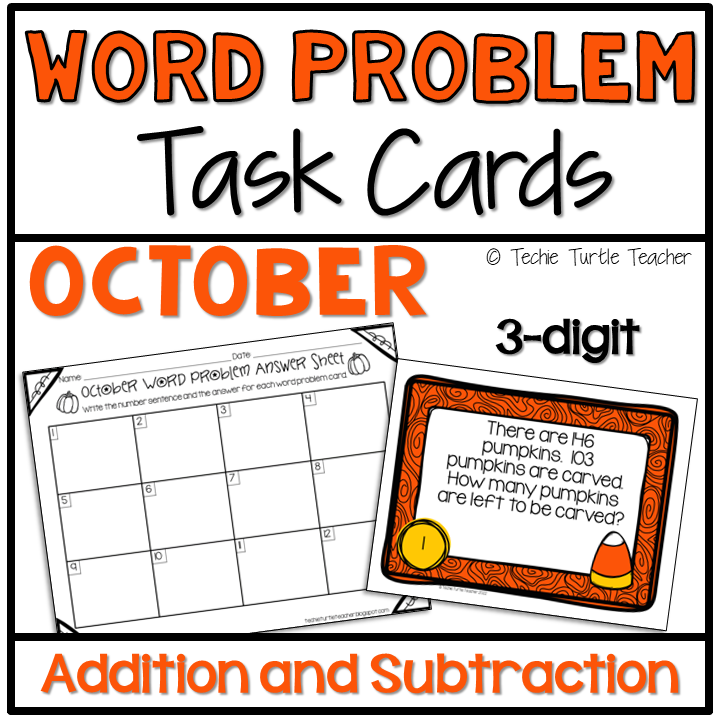 Addition & Subtraction 3-Digit Fall Word Problem Task Cards October ...
