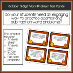 Addition & Subtraction 3-Digit Fall Word Problem Task Cards October ...