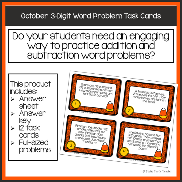 Addition & Subtraction 3-Digit Fall Word Problem Task Cards October ...