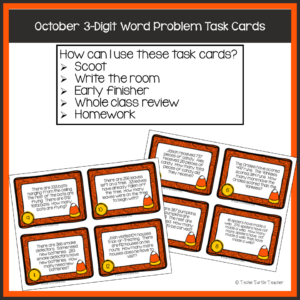Addition & Subtraction 3-Digit Fall Word Problem Task Cards October ...