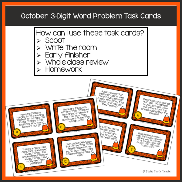 Addition & Subtraction 3-Digit Fall Word Problem Task Cards October ...