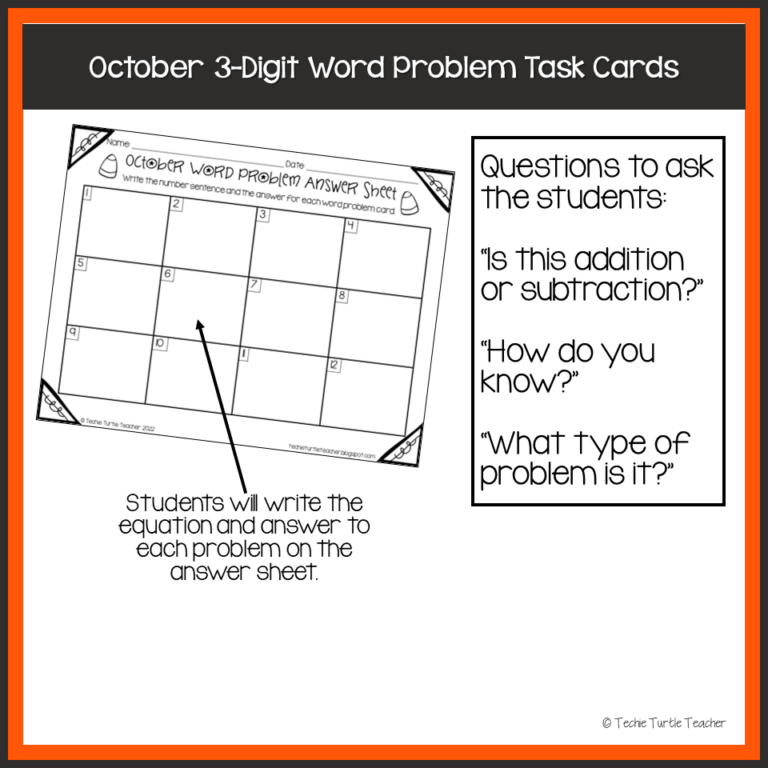 Addition & Subtraction 3-Digit Fall Word Problem Task Cards October ...