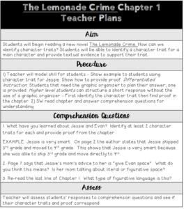 The Lemonade Crime Novel Teacher Plans Comprehension Questions ...