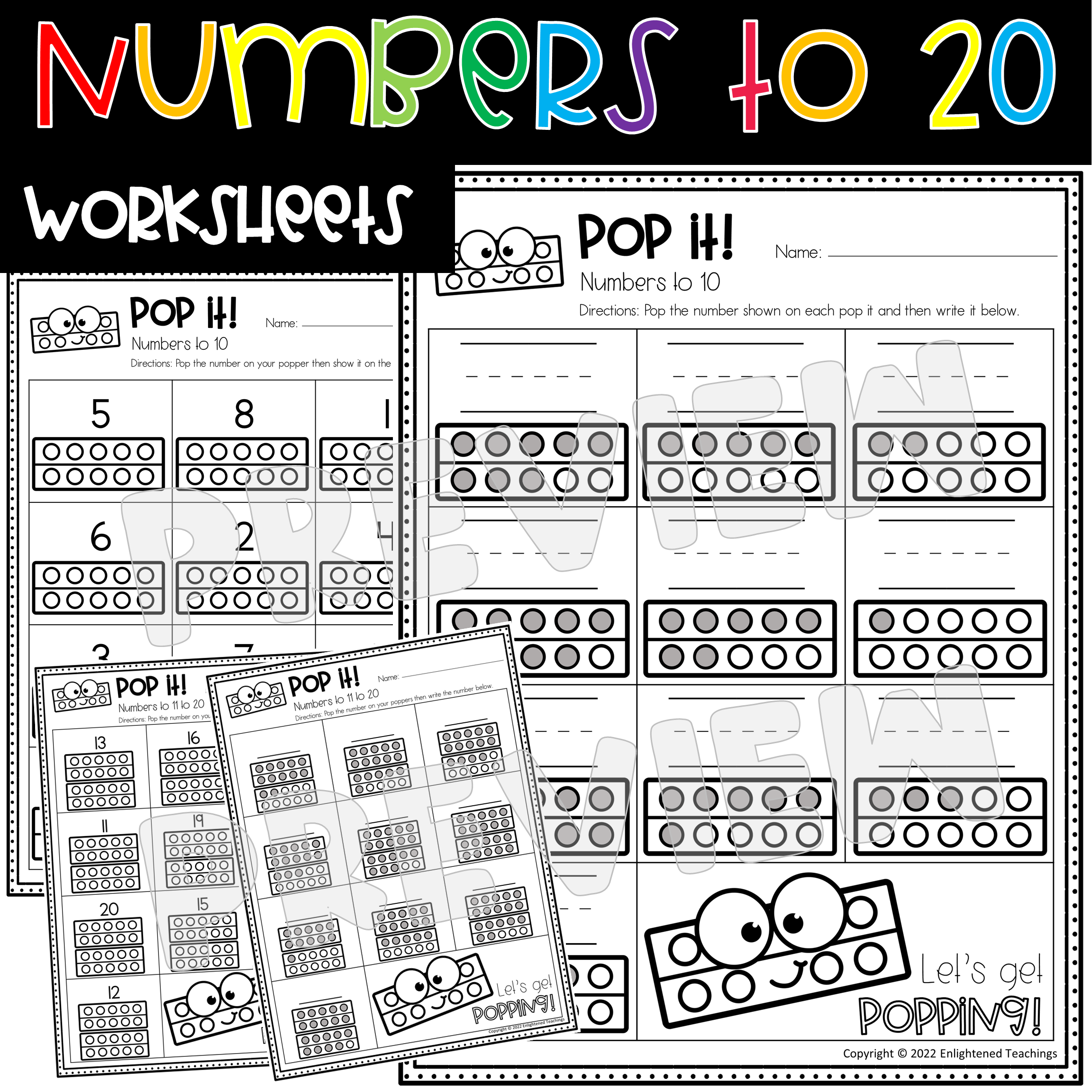 POP IT | Bubble POP Numbers to 20 Task Cards & Worksheets | Ten Frames ...