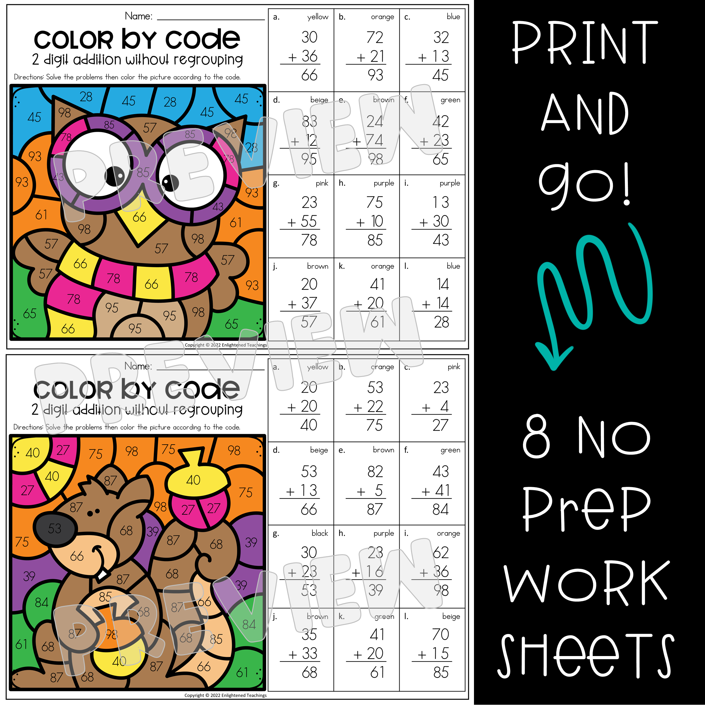 Autumn Fall 2 Digit Addition without Regrouping Worksheets Color by ...