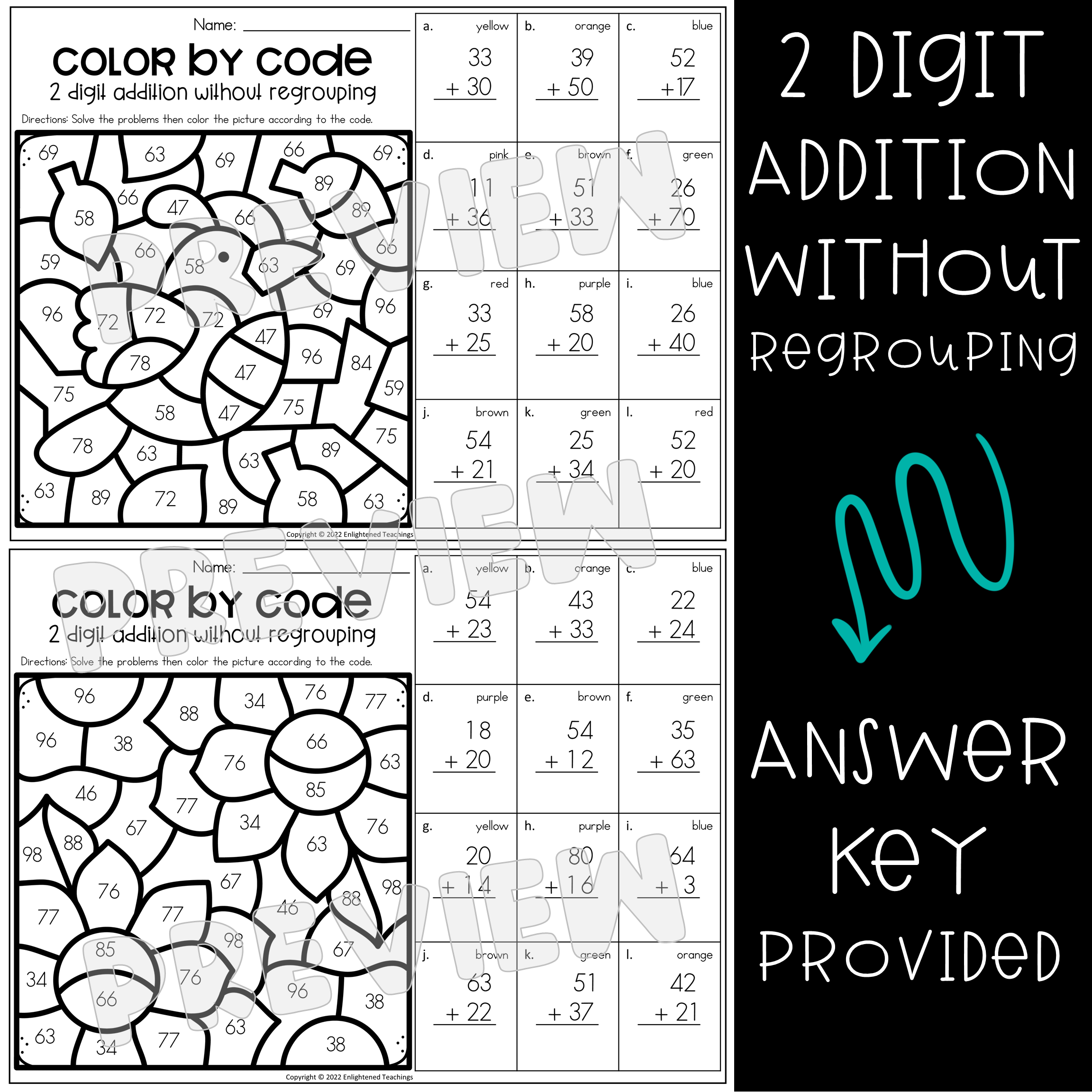 Autumn Fall 2 Digit Addition without Regrouping Worksheets Color by ...