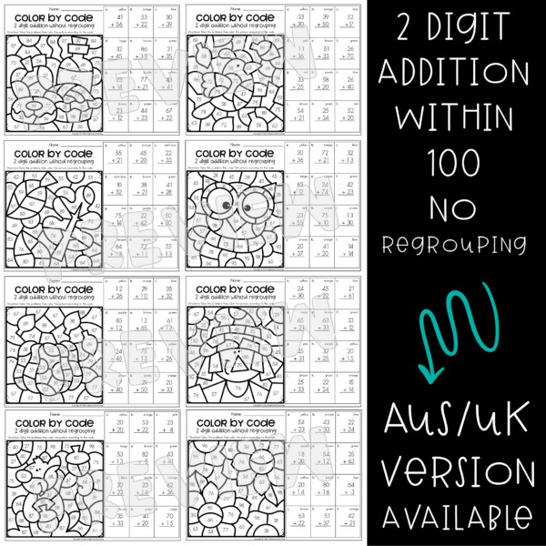 Autumn Fall 2 Digit Addition without Regrouping Worksheets Color by ...