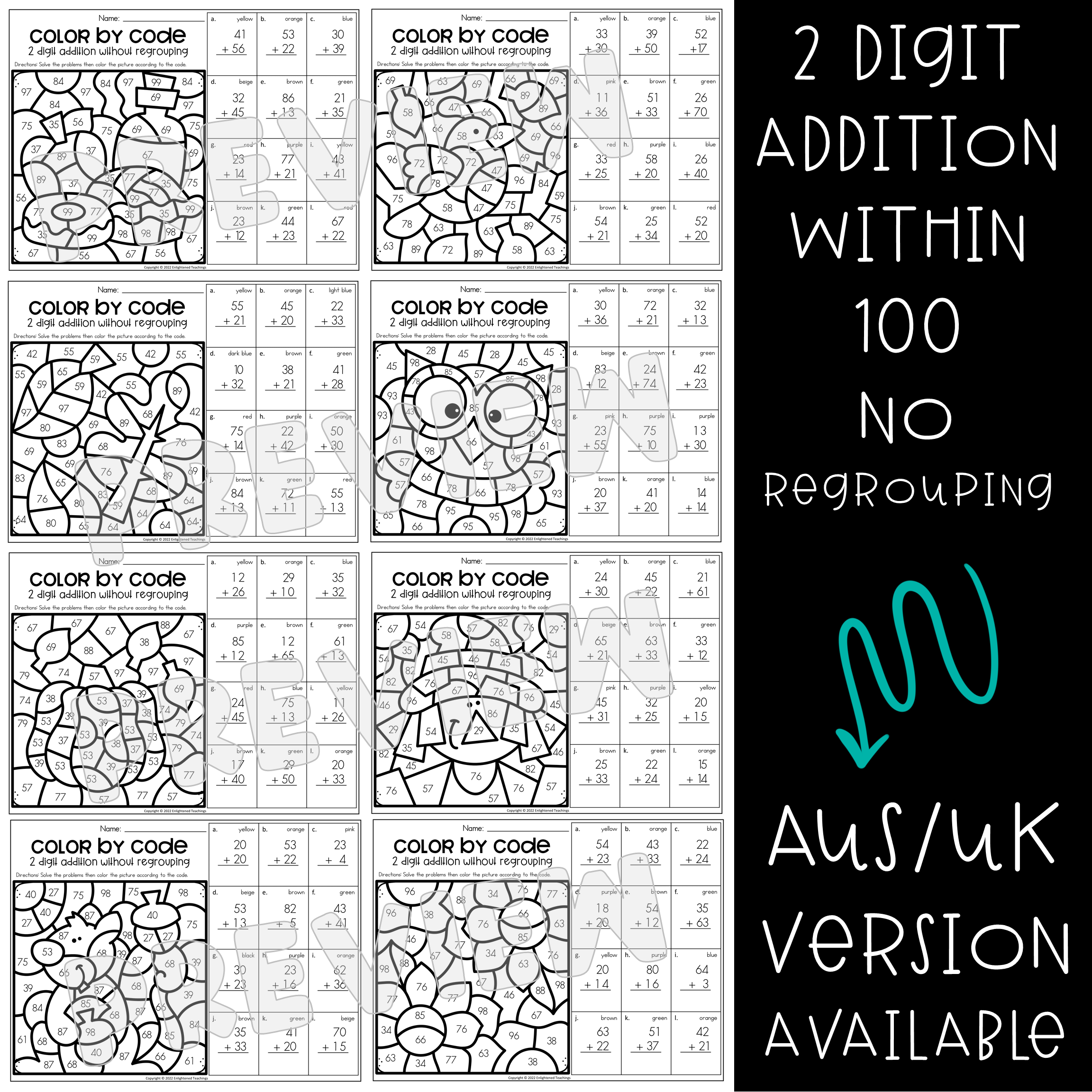 Autumn Fall 2 Digit Addition without Regrouping Worksheets Color by ...