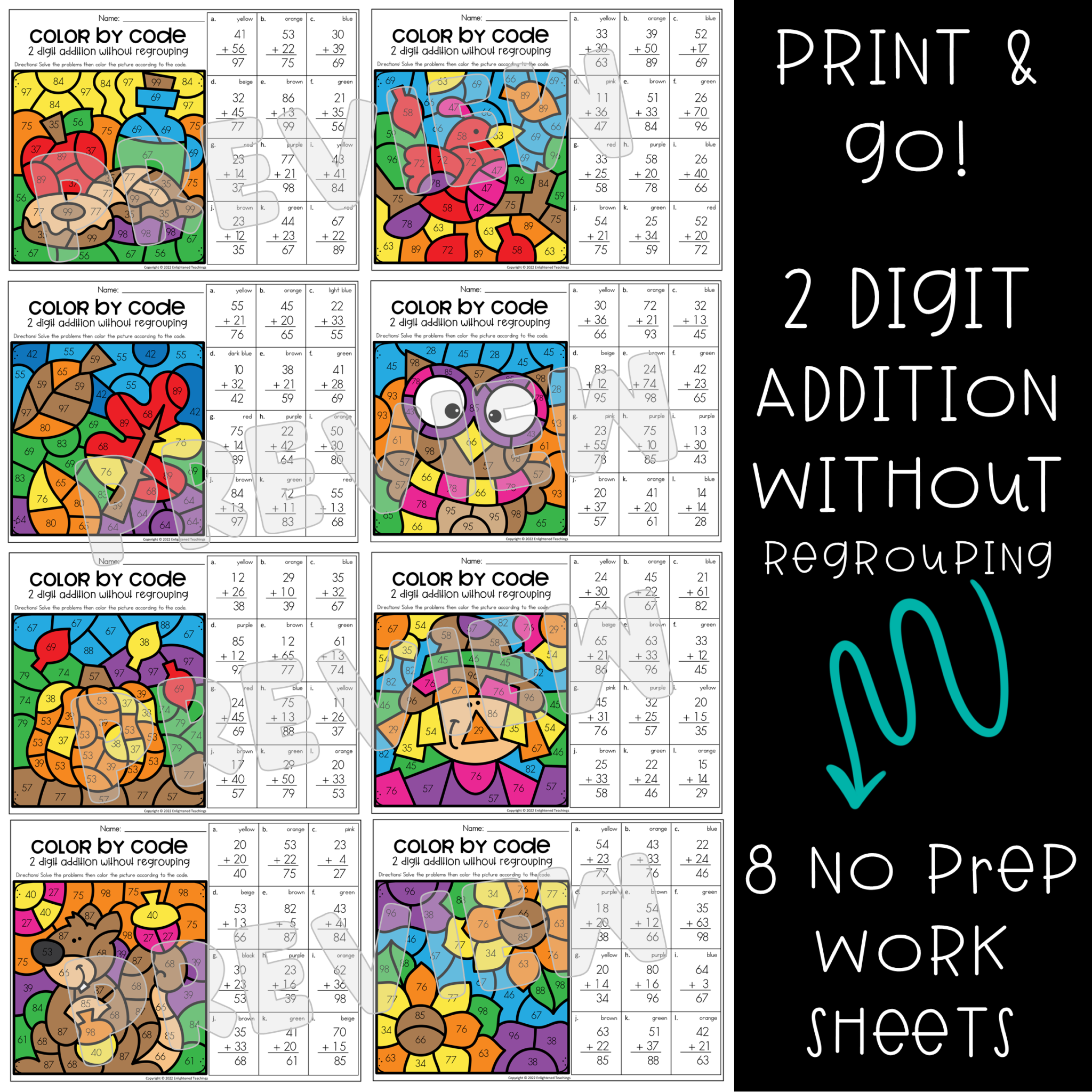 Autumn Fall 2 Digit Addition without Regrouping Worksheets Color by ...
