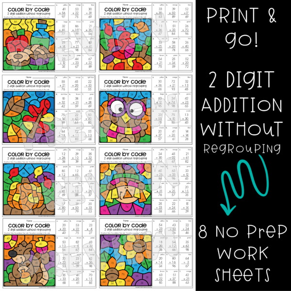 Autumn Fall 2 Digit Addition without Regrouping Worksheets Color by ...