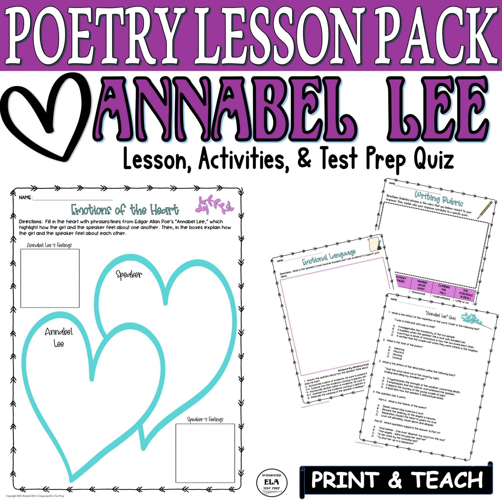Annabel Lee Quiz Activities Poetry Comprehension Lesson Pack | Made By ...