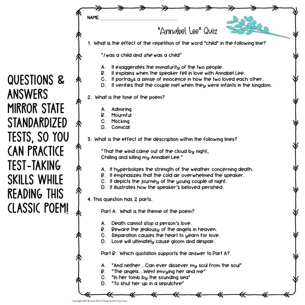 Annabel Lee Quiz Activities Poetry Comprehension Lesson Pack | Made By ...