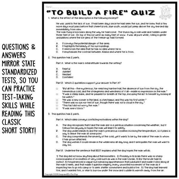 To Build a Fire Quiz Short Story with Comprehension Questions Test Prep ...