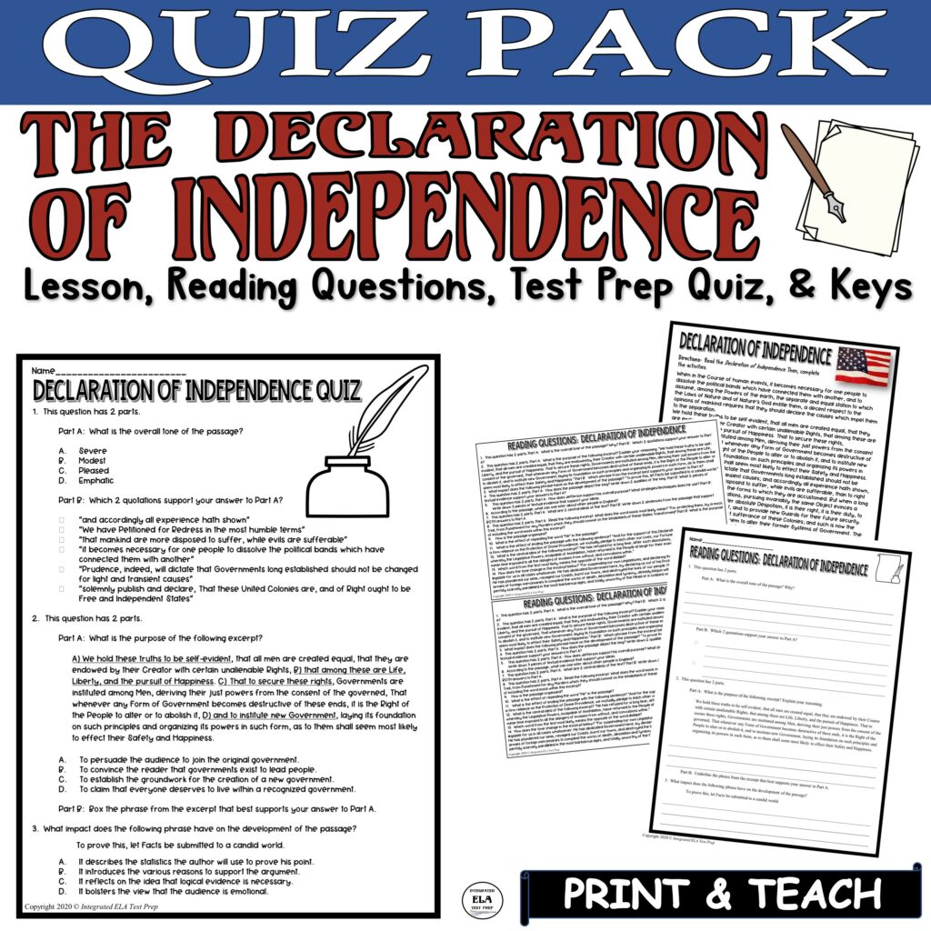 The Declaration of Independence Quiz Reading Comprehension Questions ...