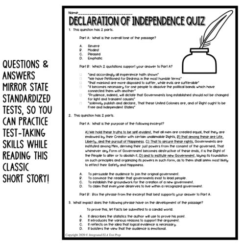 The Declaration of Independence Quiz Reading Comprehension Questions ...