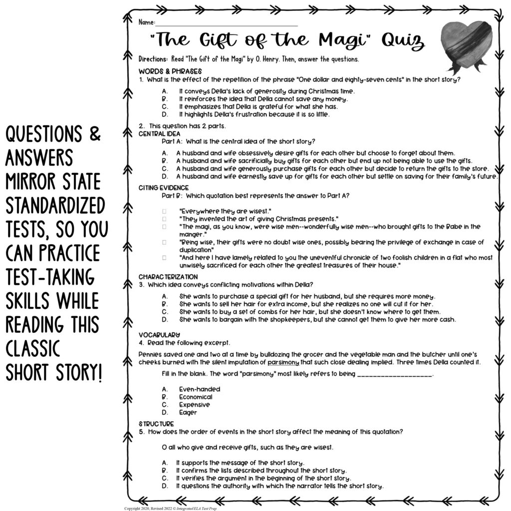 The Gift of the Magi Quiz Test Reading Comprehension Analysis Questions ...