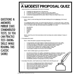 A Modest Proposal Quiz Lesson Plan Jonathan Swift ELA Satire Test Prep ...