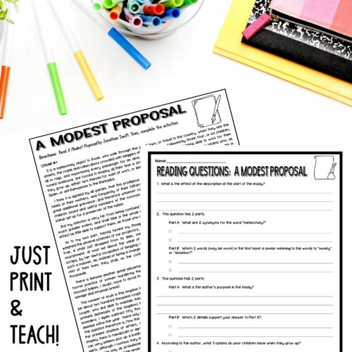 A Modest Proposal Quiz Lesson Plan Jonathan Swift ELA Satire Test Prep ...