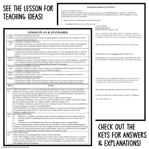 A Modest Proposal Quiz Lesson Plan Jonathan Swift ELA Satire Test Prep ...