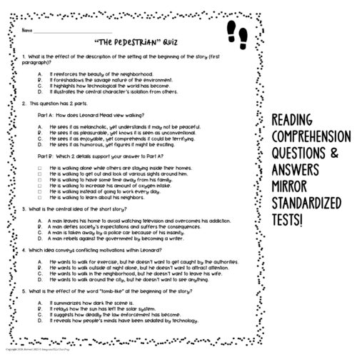 The Pedestrian Quiz Reading Comprehension Questions Story Ray Bradbury ...