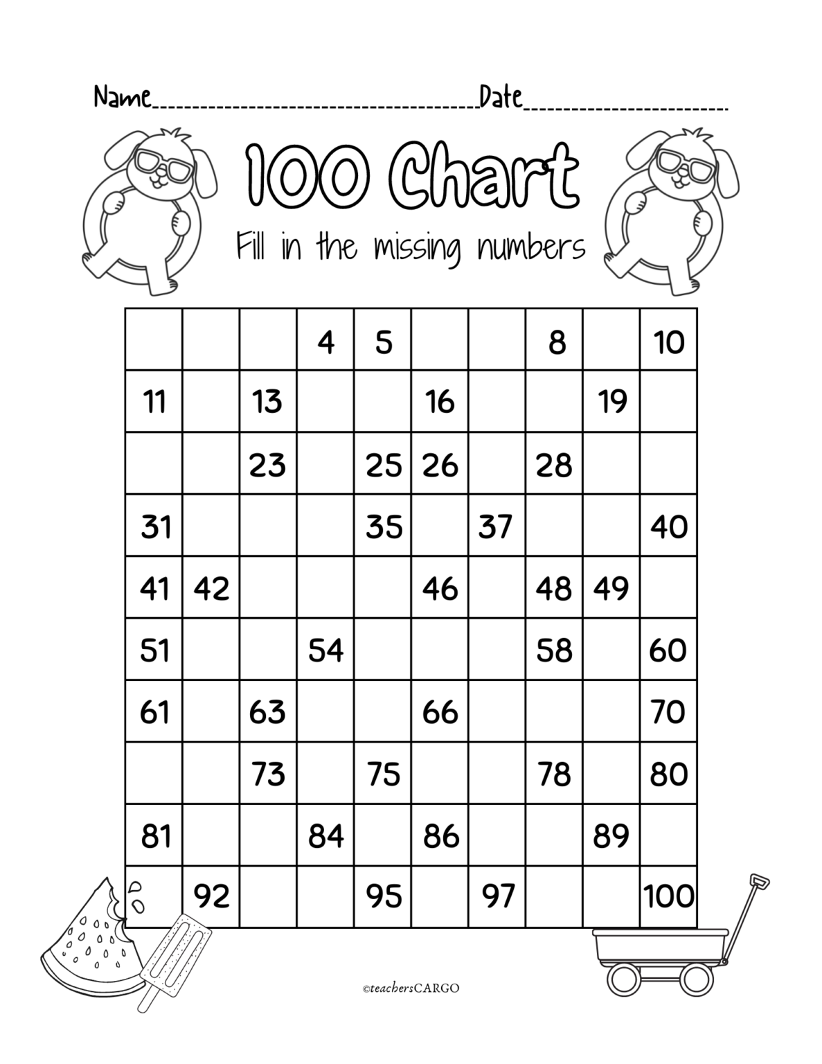 100 Chart Missing Number | Fill in the Missing Numbers Worksheet | Made ...