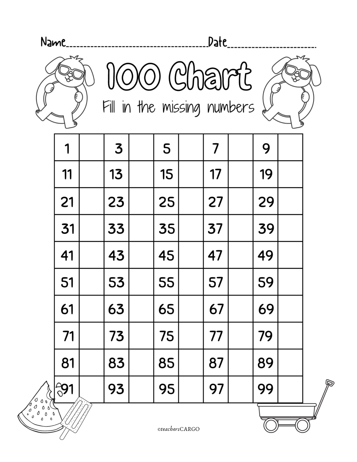 100 Chart Missing Number Fill In The Missing Numbers Worksheet Made 