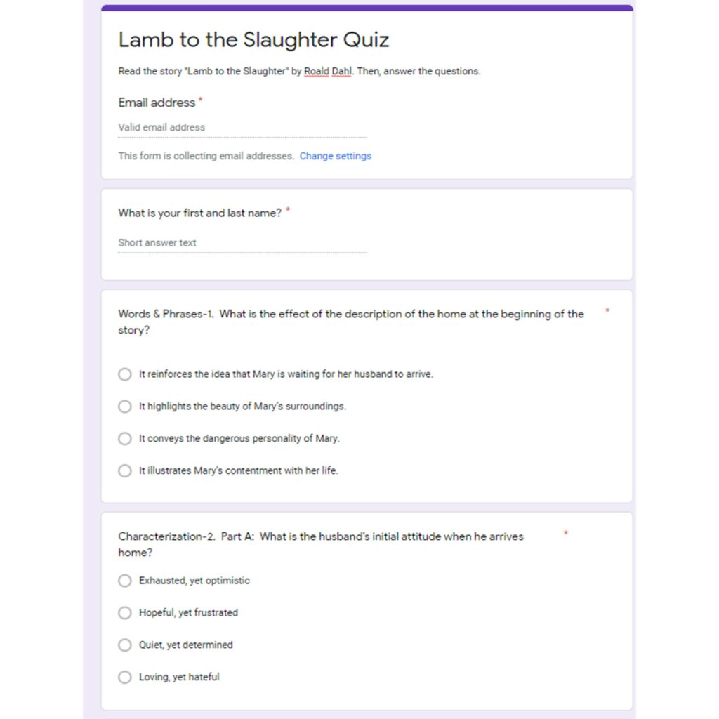Lamb to the Slaughter Quiz Distance Learning Short Story Forms Slides ...