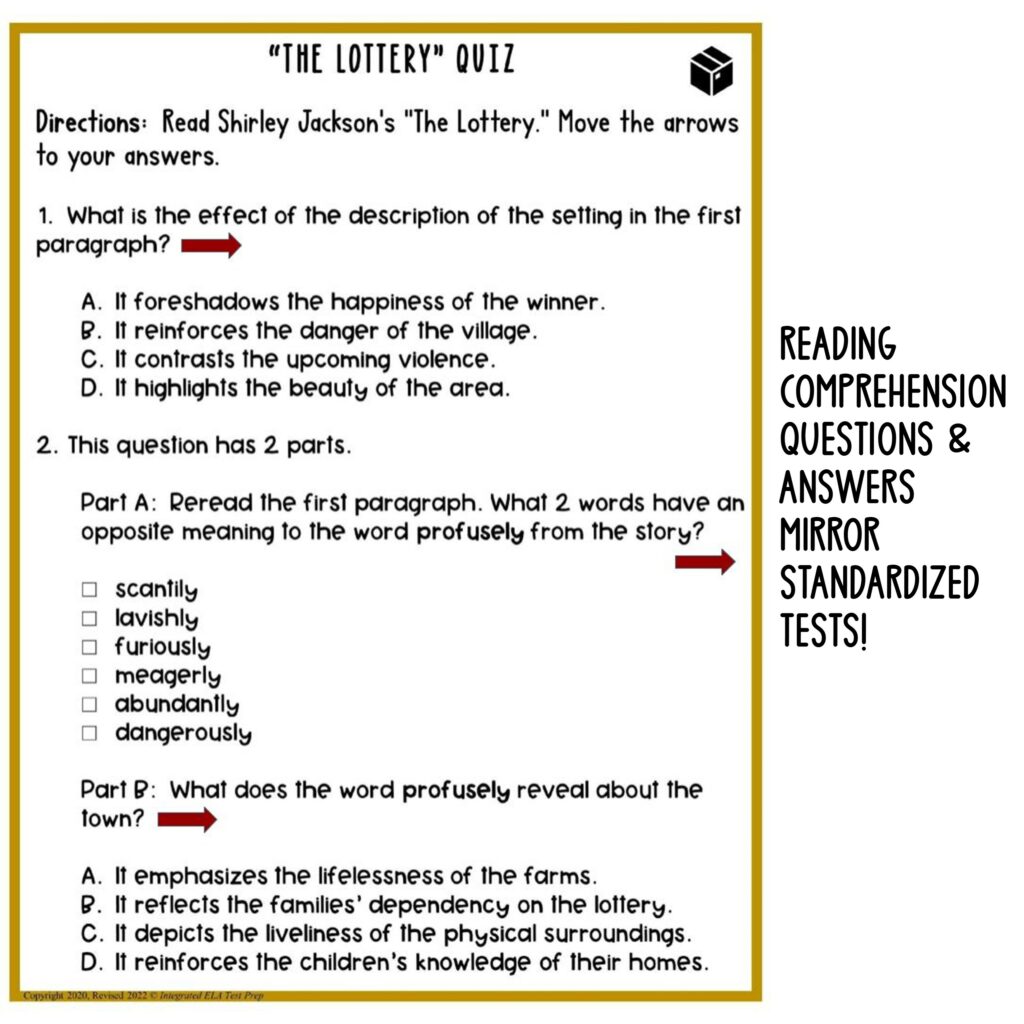 Short Story Distance Learning Google Classroom™ The Lottery Quiz ...