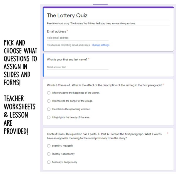 Short Story Distance Learning Google Classroom™ The Lottery Quiz ...