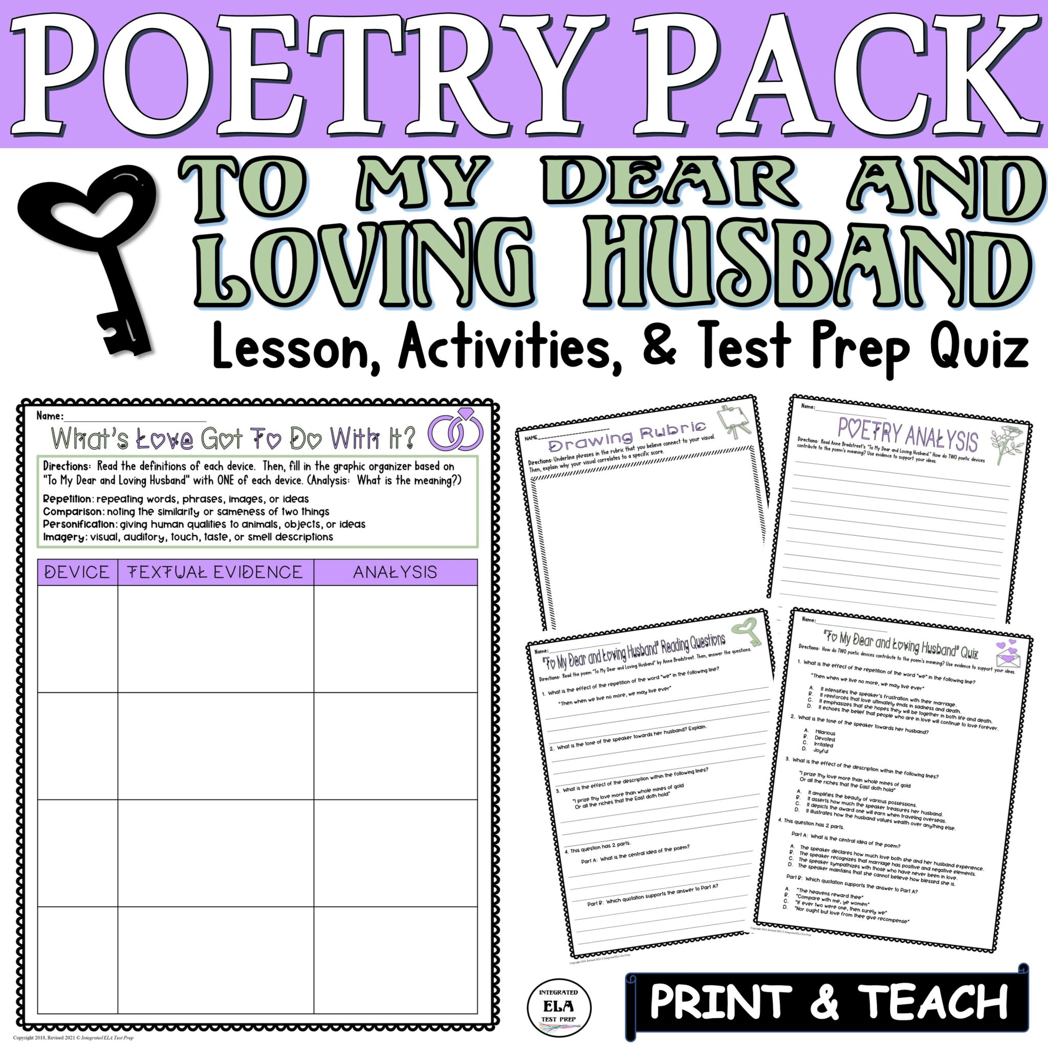 To My Dear and Loving Husband Quiz Activities Questions Anne Bradstreet ...