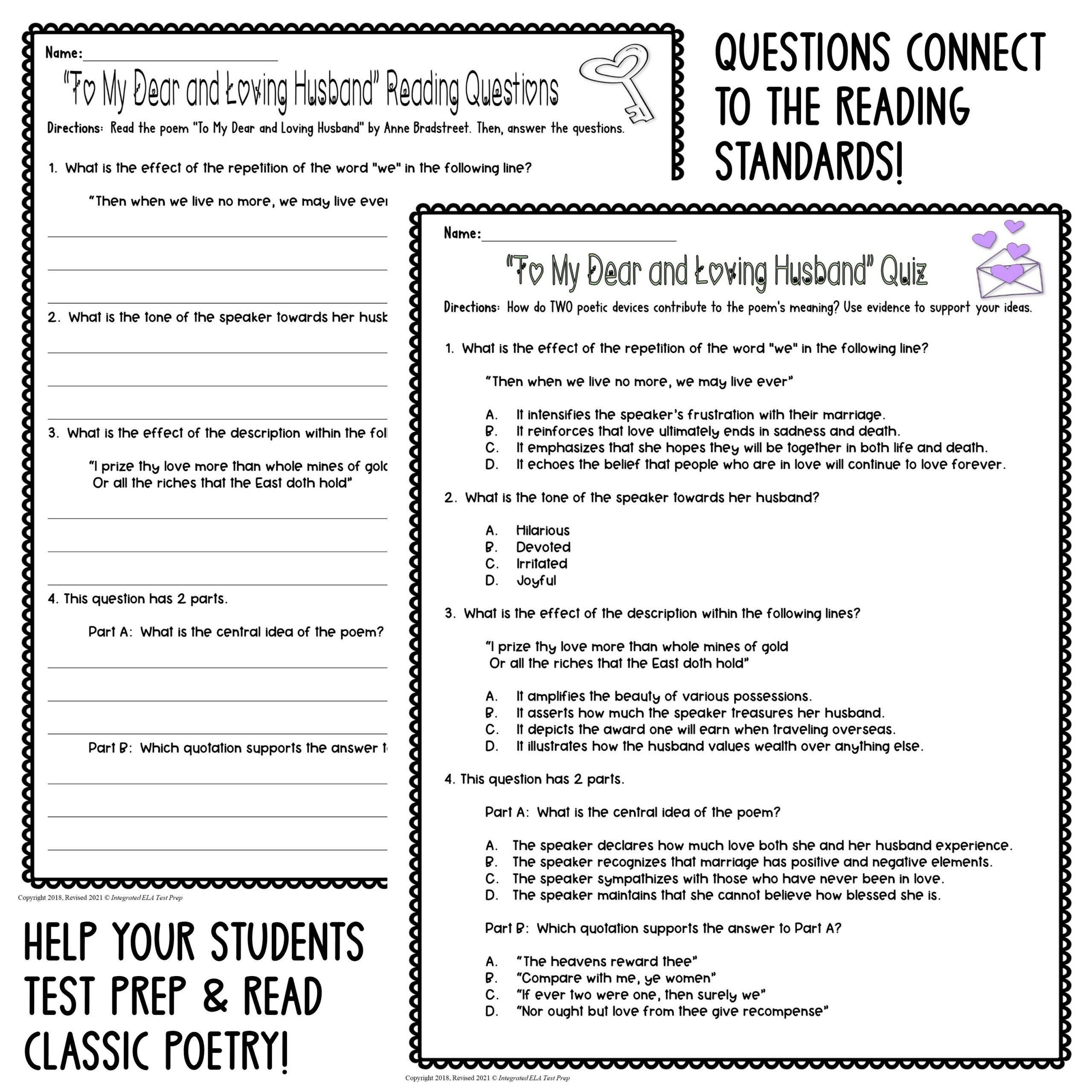 To My Dear and Loving Husband Quiz Activities Questions Anne Bradstreet ...