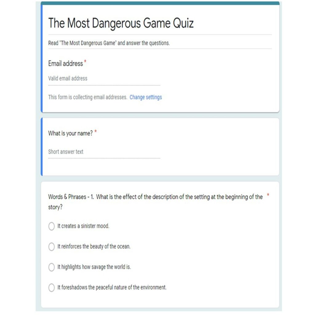 The Most Dangerous Game Quiz Distance Learning in Google Forms™ | Made ...