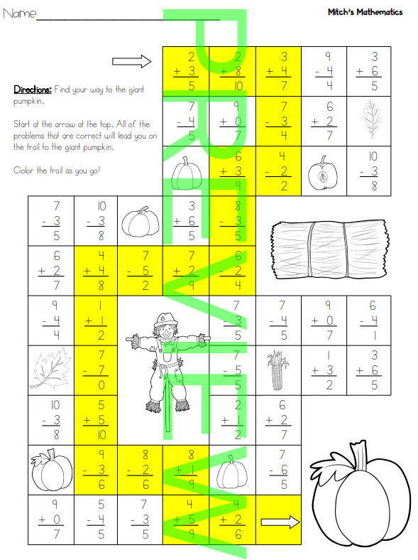 Simple Addition and Subtraction Fall and Autumn Maze | Made By Teachers