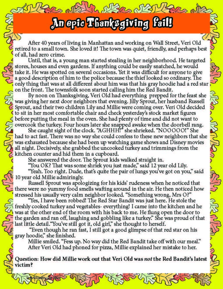 THANKSGIVING BRAIN TEASER STORIES, PUZZLES & RIDDLES - Made By Teachers