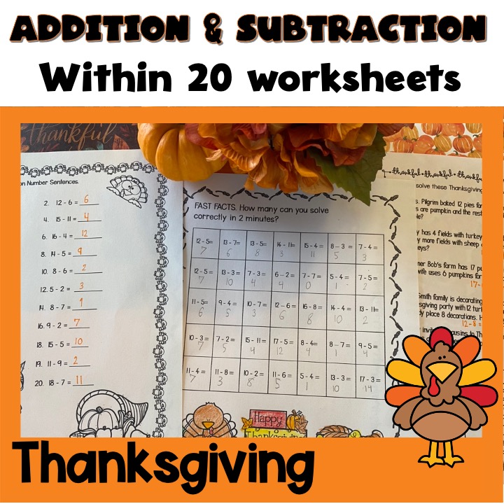 Thanksgiving Math Worksheets Adding and Subtracting Within 20 | Made By ...