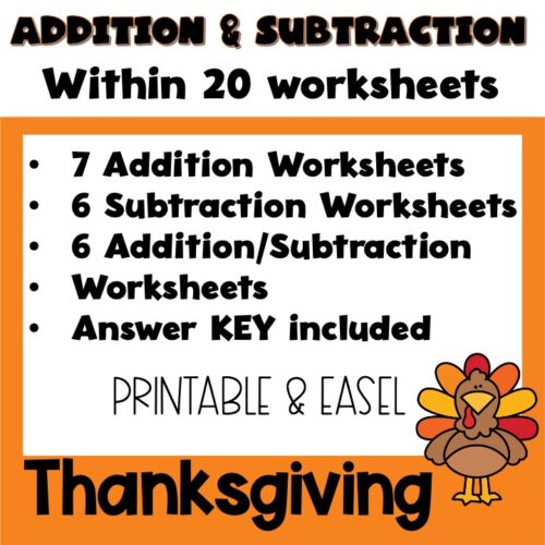 Thanksgiving Math Worksheets Adding and Subtracting Within 20 | Made By ...