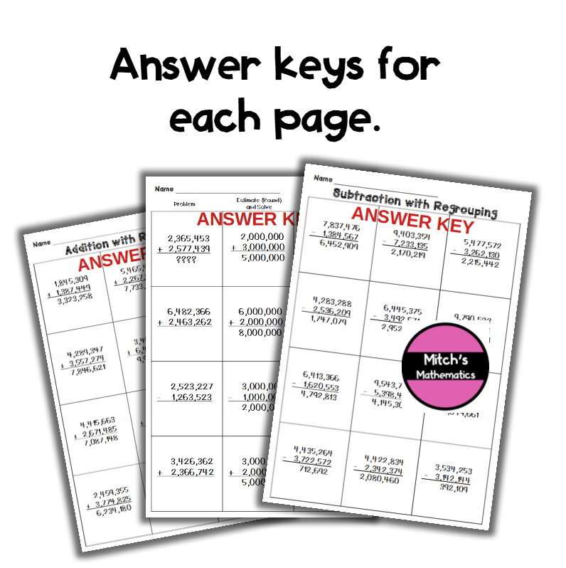 Adding and Subtracting to the Millions Place Value with Estimation ...