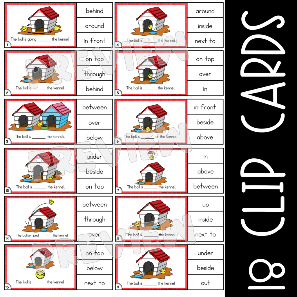 Pet Preposition Clip Cards Task Cards Positional Words Kennel and Ball ...