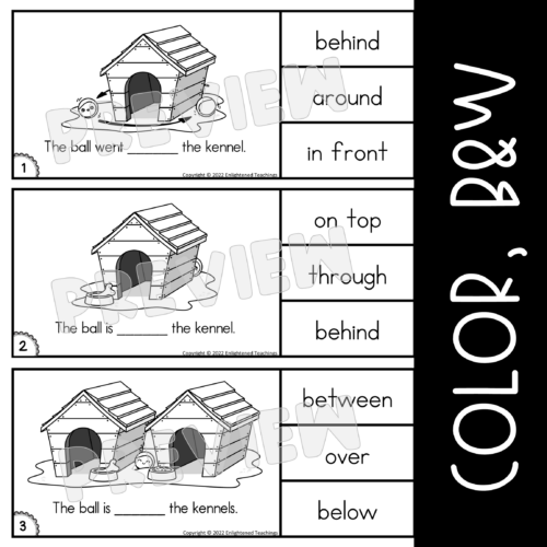 Pet Preposition Clip Cards Task Cards Positional Words Kennel and Ball ...