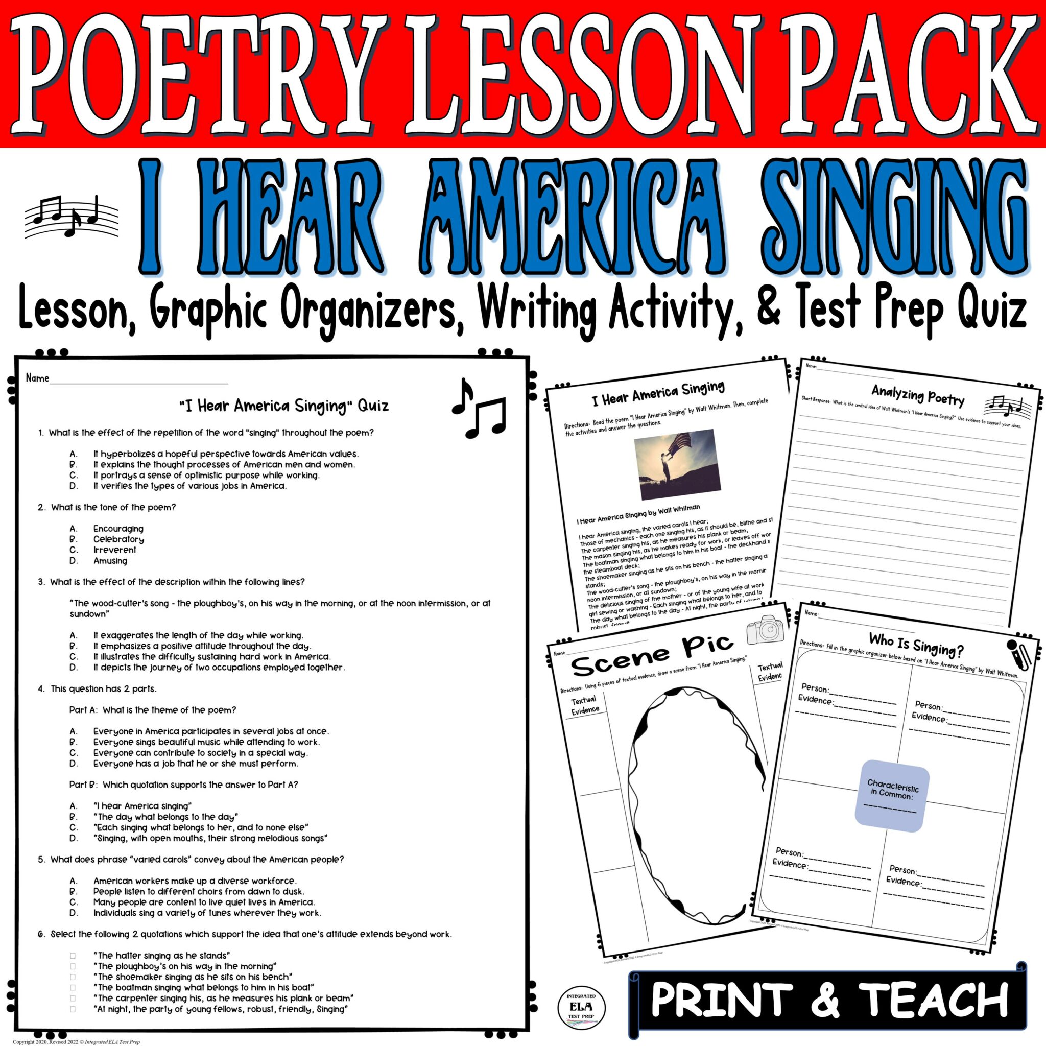 I Hear America Singing Quiz Activities Poetry Comprehension Lesson ...