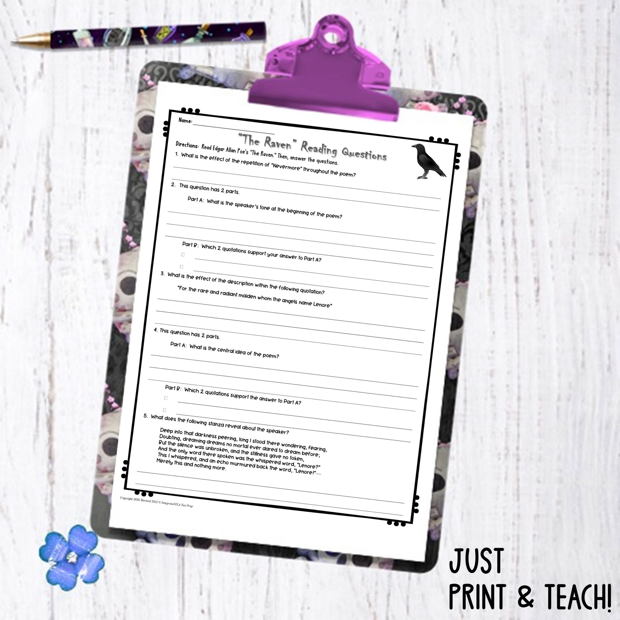 The Raven Quiz Poetry Comprehension Reading Edgar Allan Poe | Made By ...