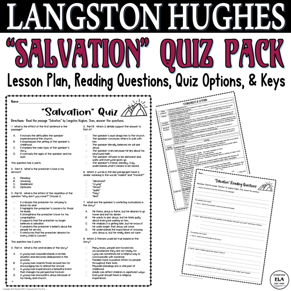 Salvation by Langston Hughes Reading Comprehension Test Prep Quiz ...